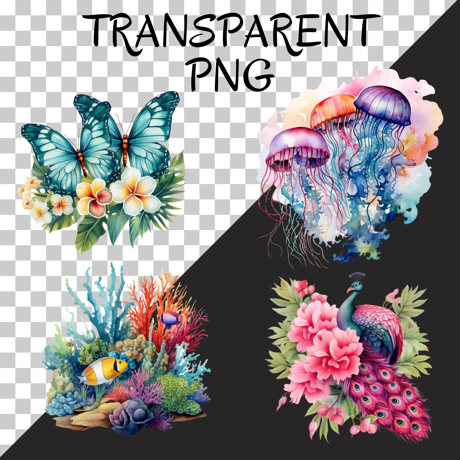 95 Sea Animals Clipart Bundle, Undersea Watercolor Clipart Png, Cute ...