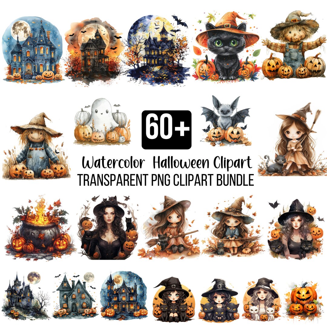 60+ Watercolor Halloween Clipart Bundle, Cute Spooky Halloween Png ...