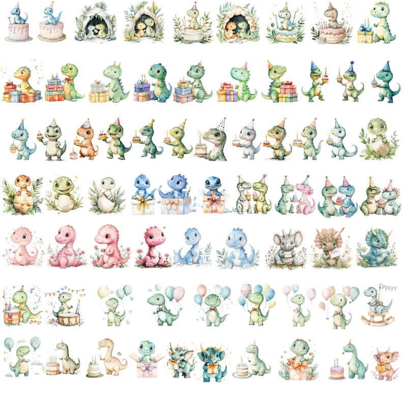 250+ Dino Birthday Clipart Bundle, Cute Dinosaur Party PNG, Watercolor ...