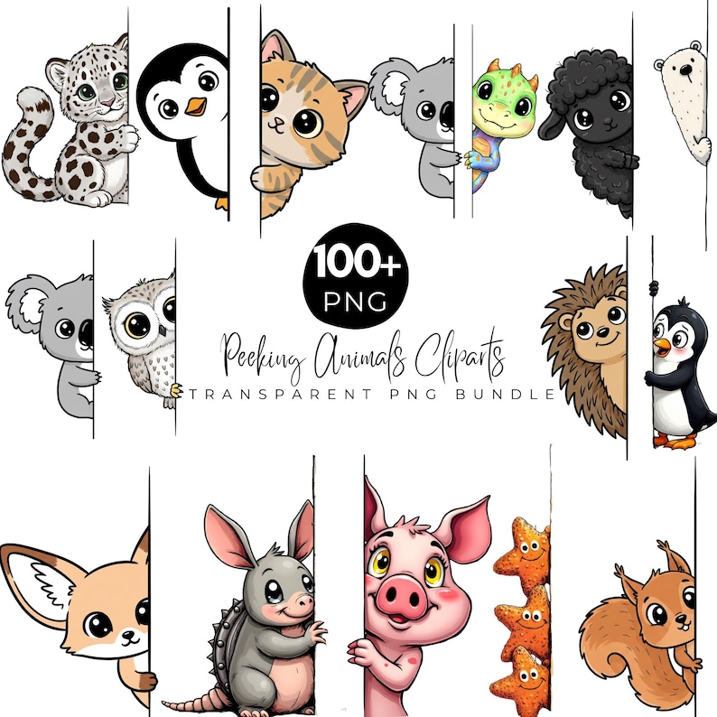 Peeking Animals Clipart PNG Bundle, Cute Cartoon Animal Faces, Funny ...
