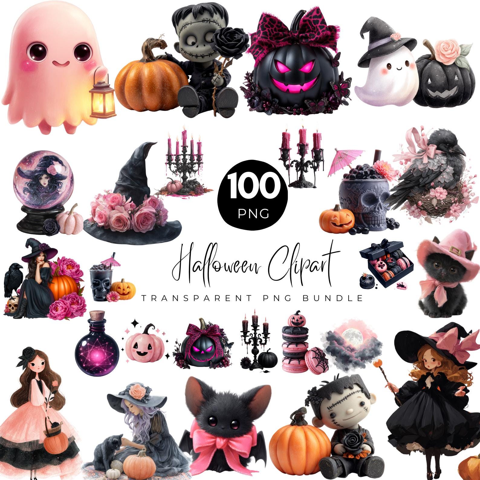 100 Pastel Goth Halloween PNG Bundle, Pink and Black Halloween Clipart ...