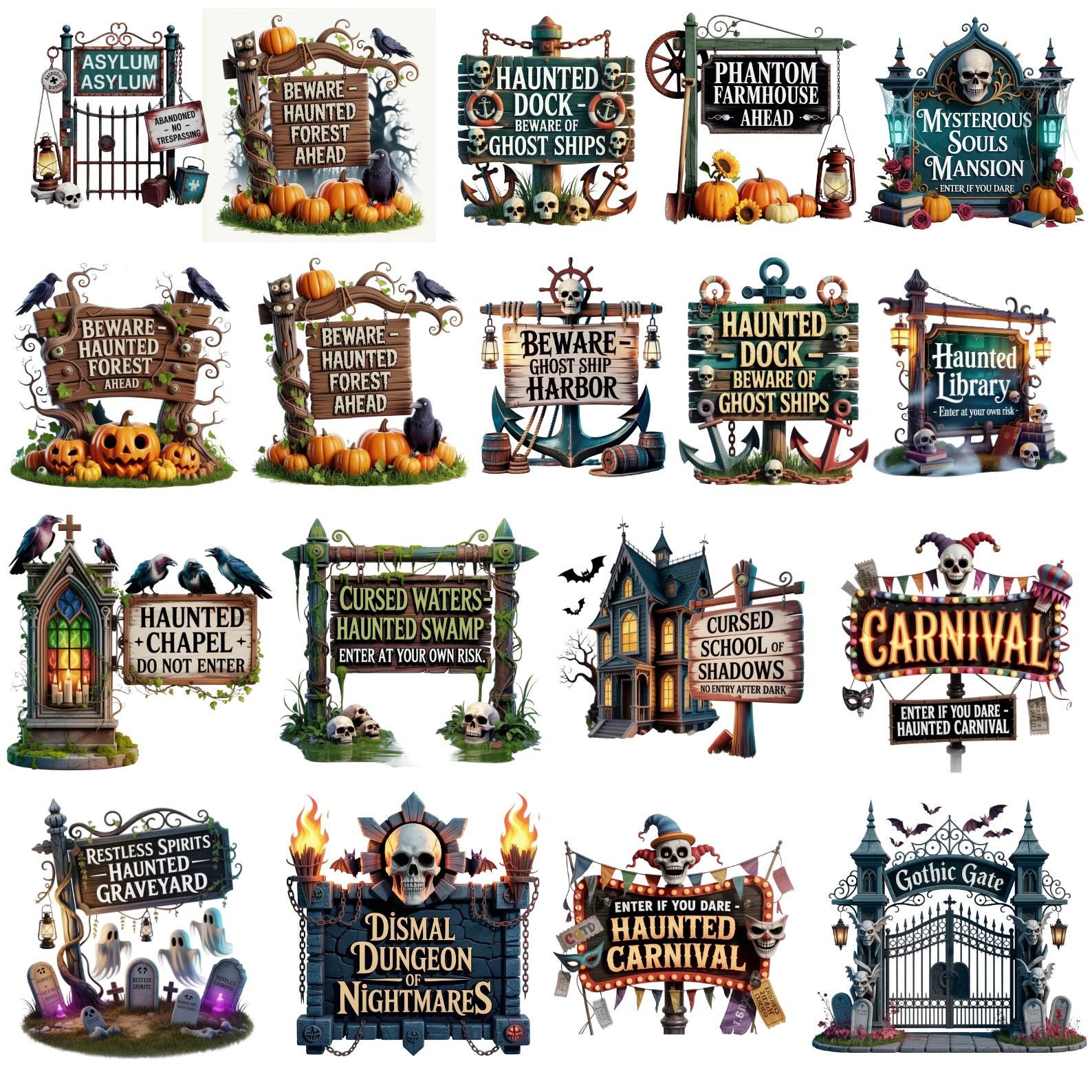 Halloween Signpost Clipart Bundle, Spooky Warning Signs PNG, Haunted ...