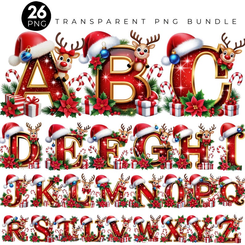 Christmas Alphabet With Reindeer PNG Bundle, Reindeer Letters, Reindeer ...