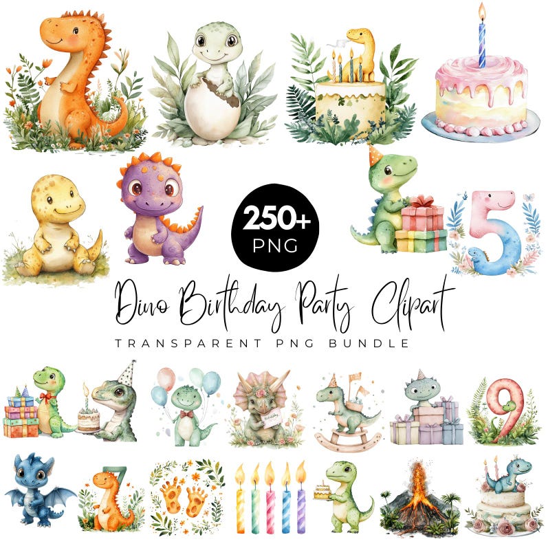 250+ Dino Birthday Clipart Bundle, Cute Dinosaur Party PNG, Watercolor ...