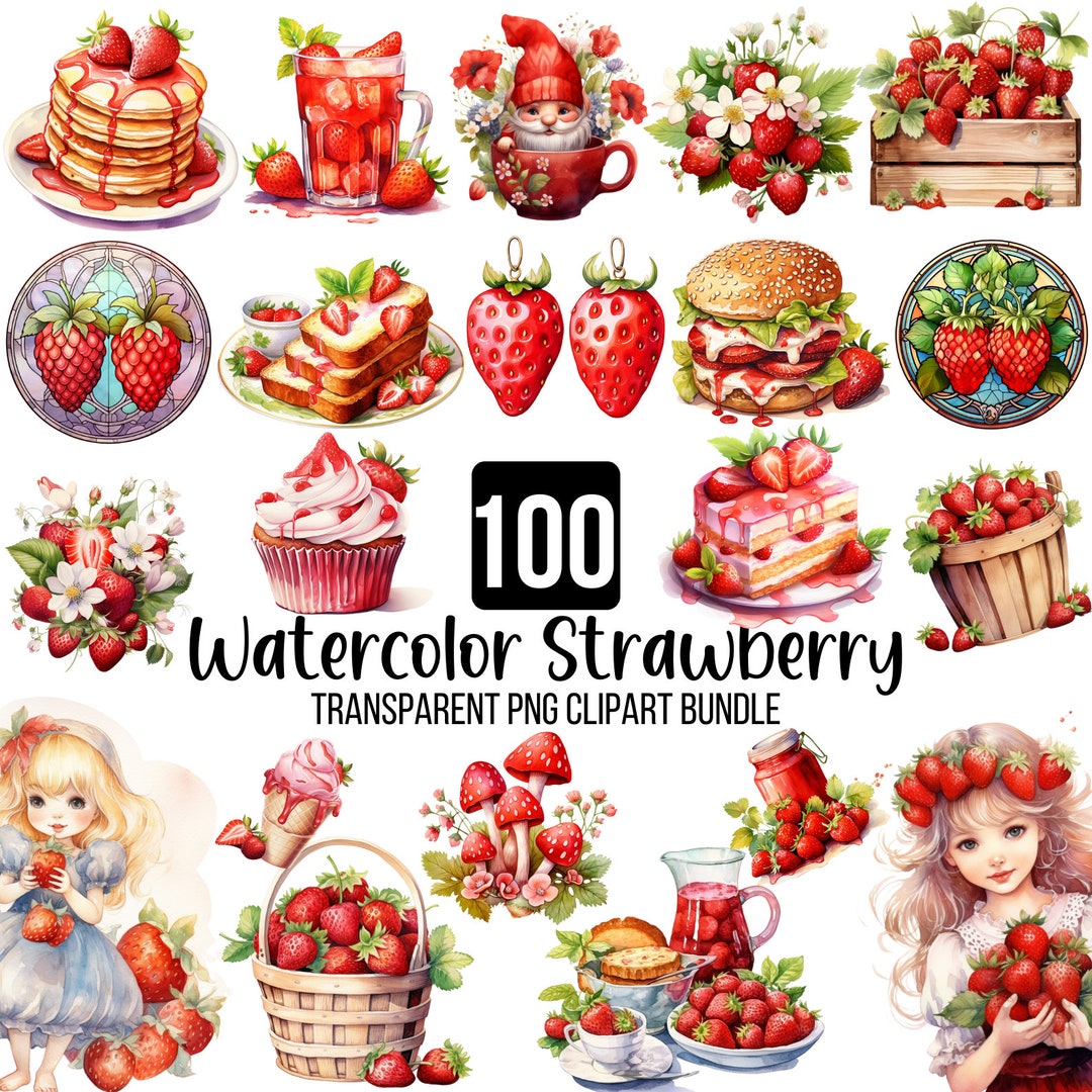 Watercolor Strawberry Clipart Bundle, Strawberry Png, Summer Fruit ...