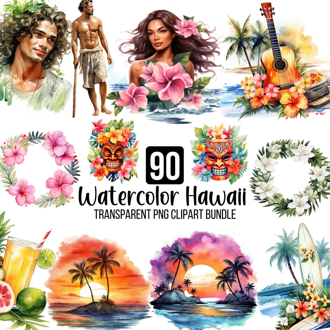 90 HAWAII Clipart Bundle, Watercolor Hawaii Png, Tropical Island Summer ...