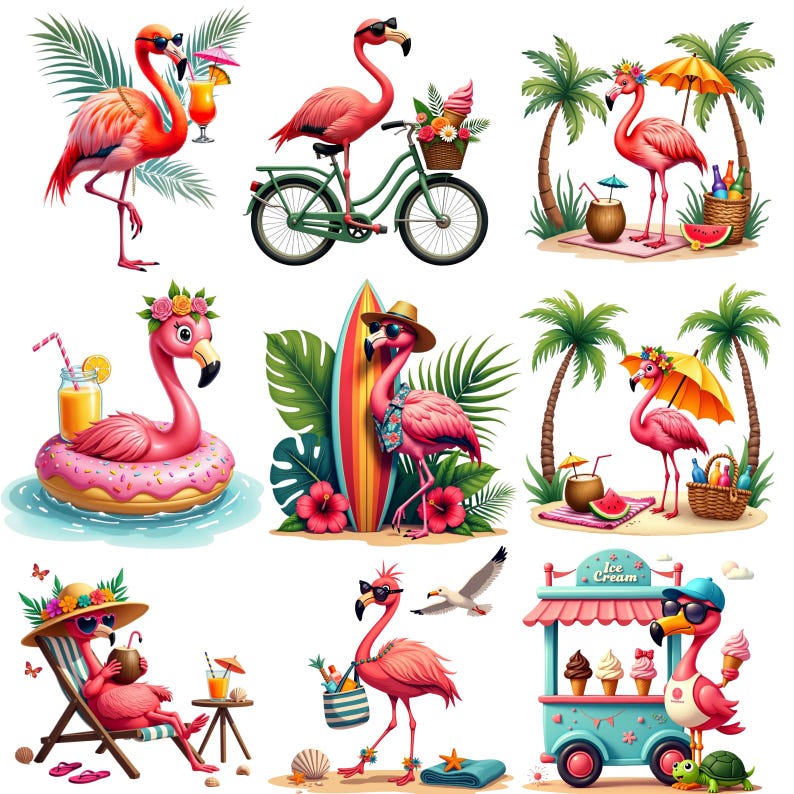 31 Flamingo Clipart PNG Bundle, Tropical Watercolor and Cartoon ...