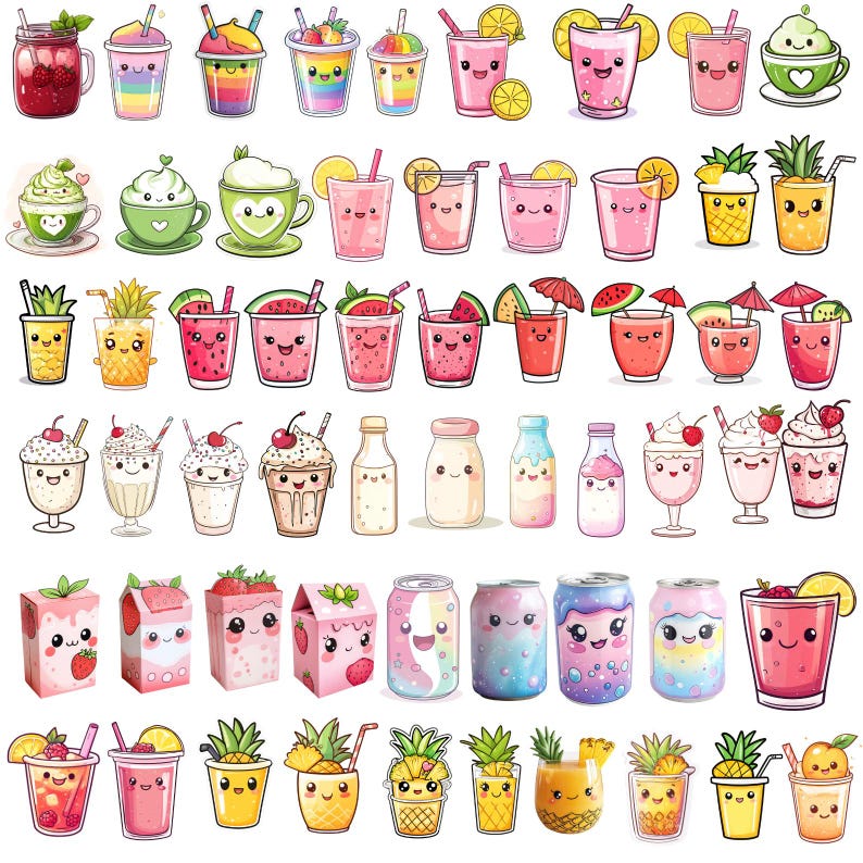 422 Kawaii Drinks Clipart Bundle, Bubble Tea, Juice, Smoothie, Coffee ...