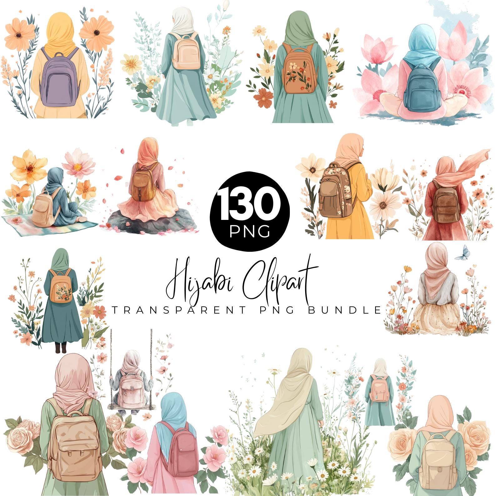 130 Hijabi Clipart Bundle, Hijab Back View, Muslimah Girl Png, Islamic ...