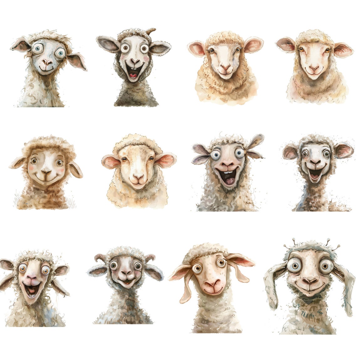 Cute and Funny Sheep Faces Clipart Bundle, Funny Farm Animal Clipart ...