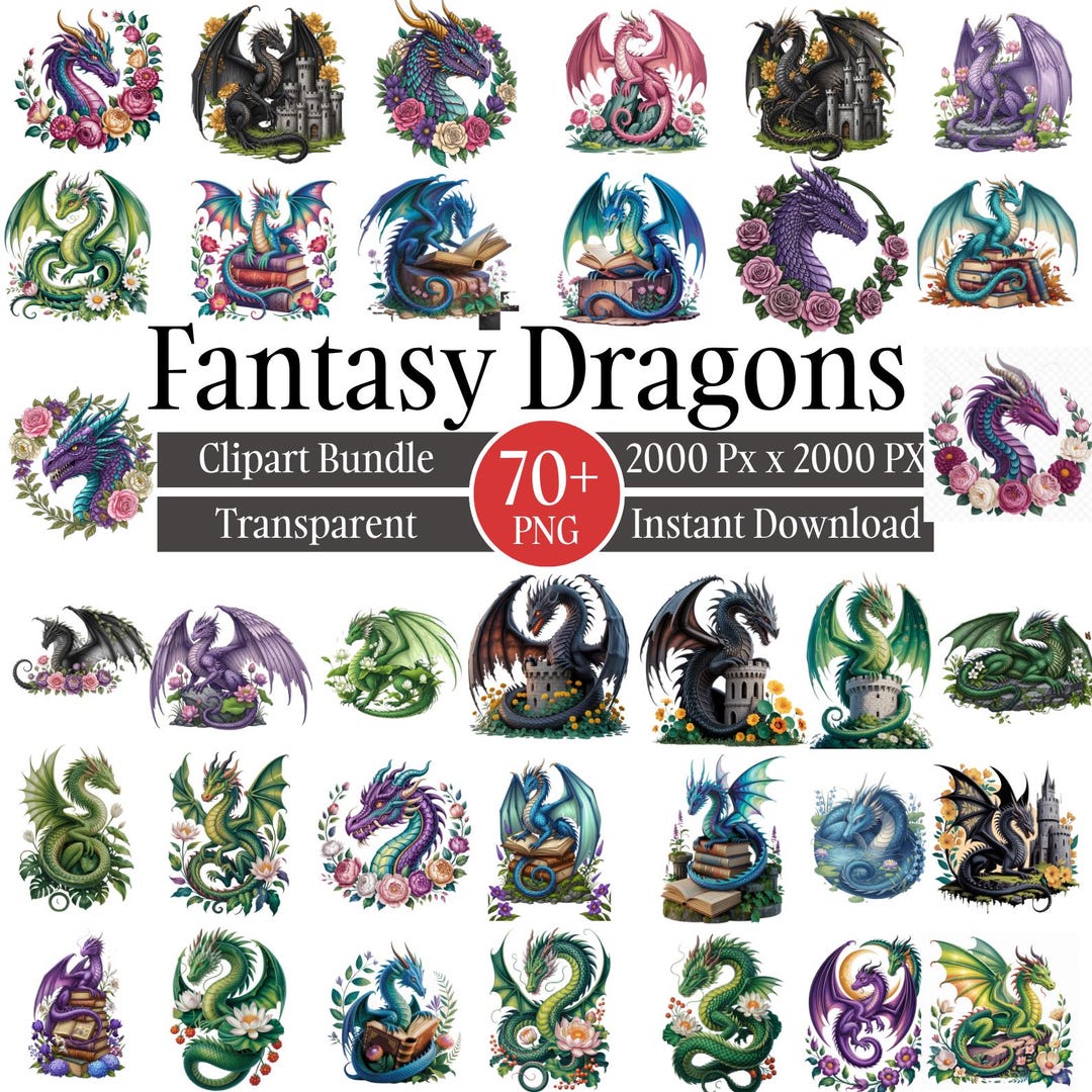 Dragon Watercolor Clipart Bundle, Fantasy Magical Dragons Mega Set ...
