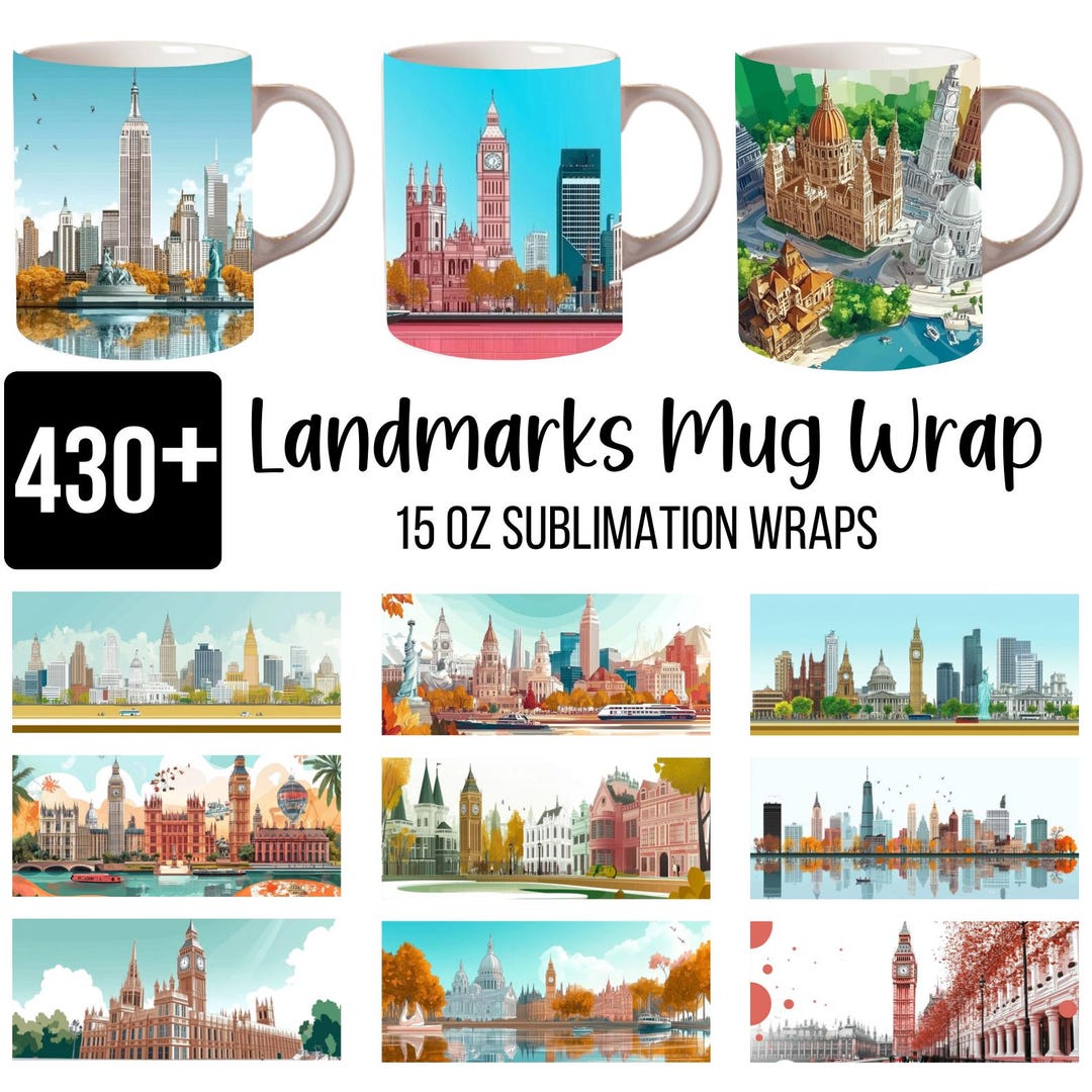 430+ Landmarks Mug Wrap Bundle, 15 Oz Sublimation Mug Wraps, Skyline ...