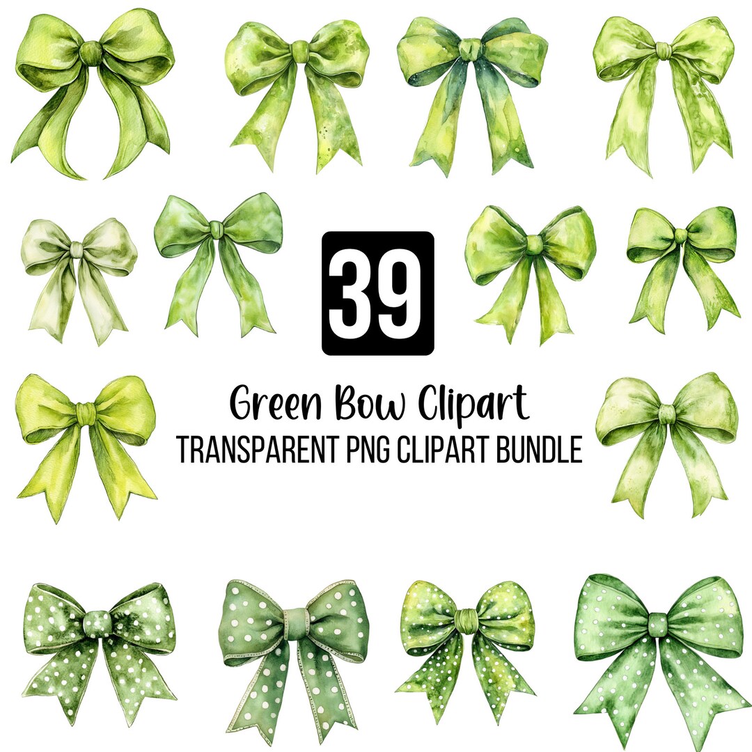 39 Watercolor Green Bows Clipart PNG Bundle, Coquette Bow Clipart, Cute ...