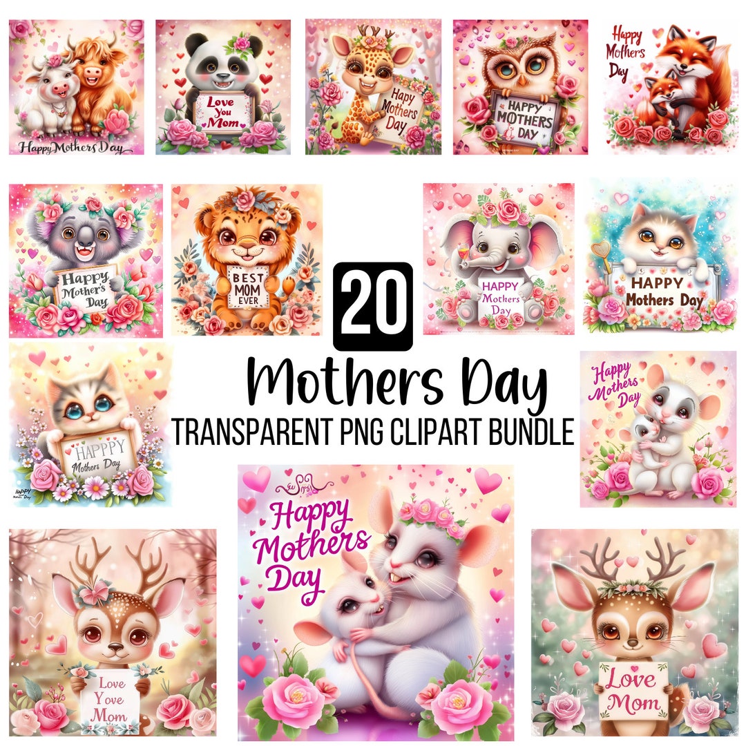 Happy Mothers Day Animals Clipart Bundle, Watercolor Cute Mother and ...
