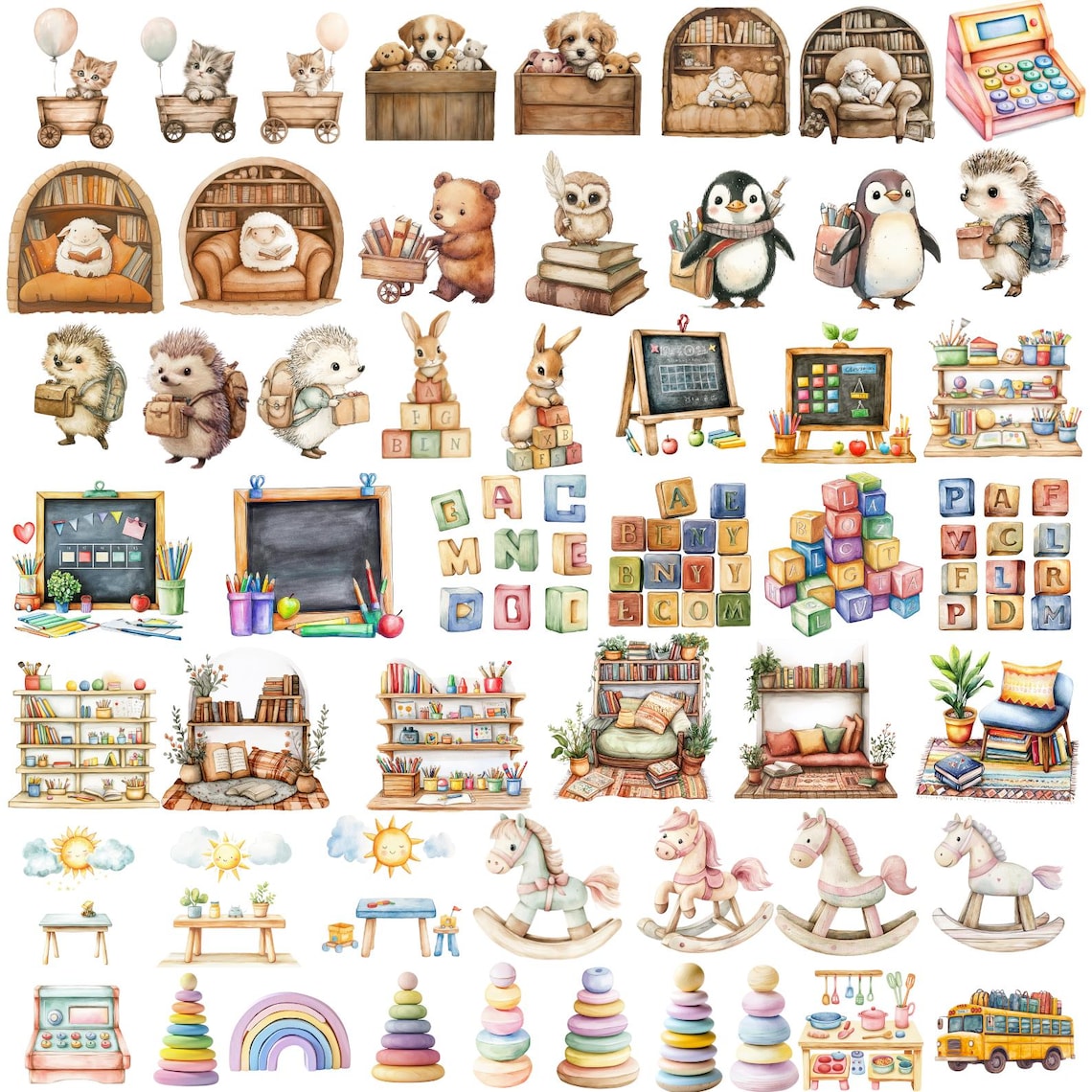 350+ Cute Kindergarten Watercolor Clipart, School Elements PNG ...