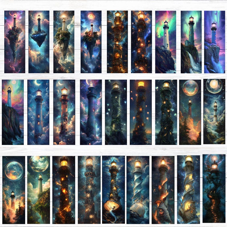 160+ Fantasy Lighthouse Bookmarks PNG Bundle, Magical Night Ocean ...