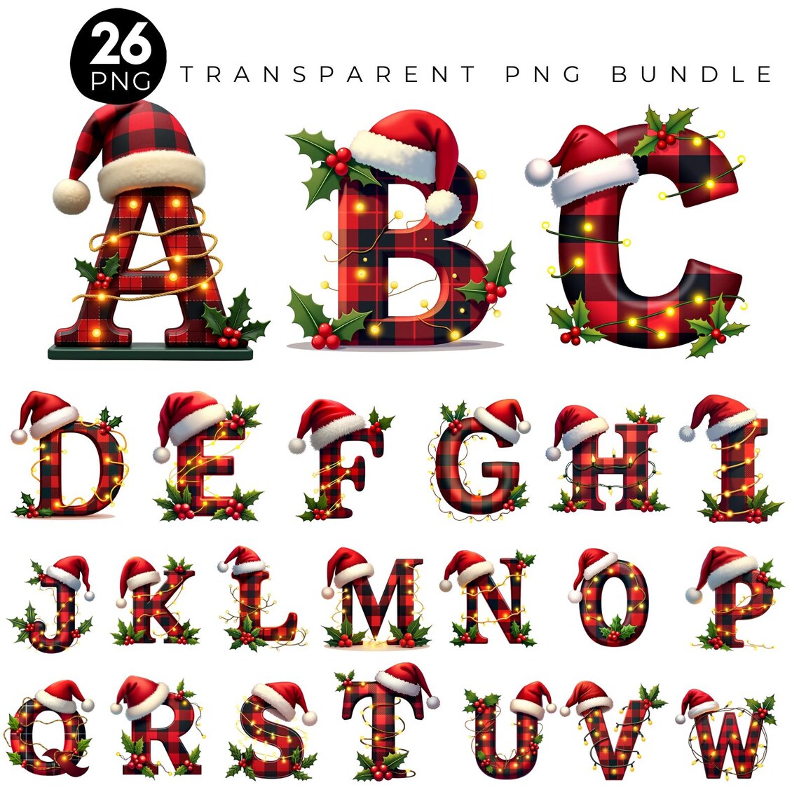 Christmas Alphabet PNG Bundle, Festive Christmas Letters With Lights ...