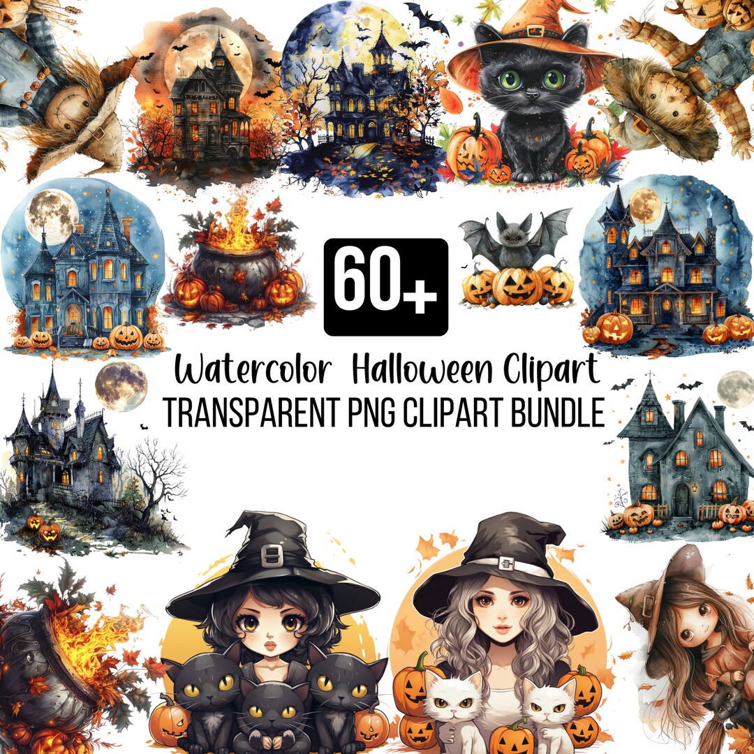 60+ Watercolor Halloween Clipart Bundle, Cute Spooky Halloween Png ...