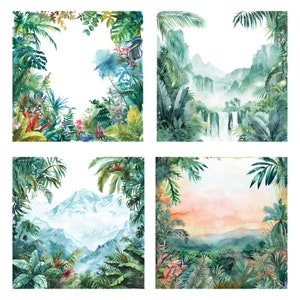 Watercolor Jungle Clipart PNG Bundle, Watercolor Jungle Printable Paper ...