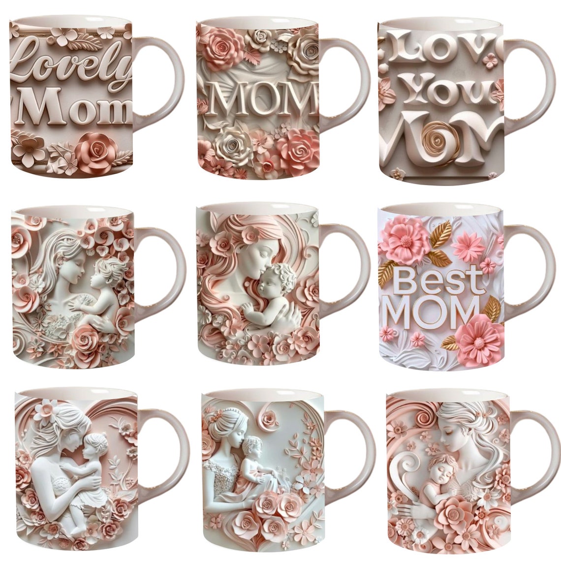 3D Embossed Effect Mother and Child Mug Wrap, Mother's Day Mug ...