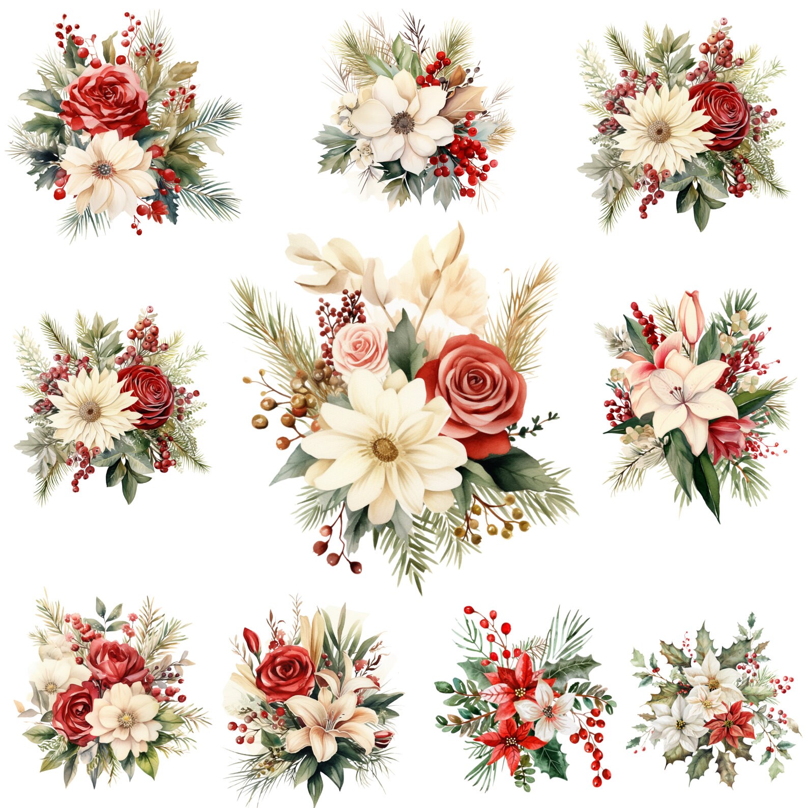 Christmas Flowers Clipart Png, Watercolor Christmas Flowers, Red ...