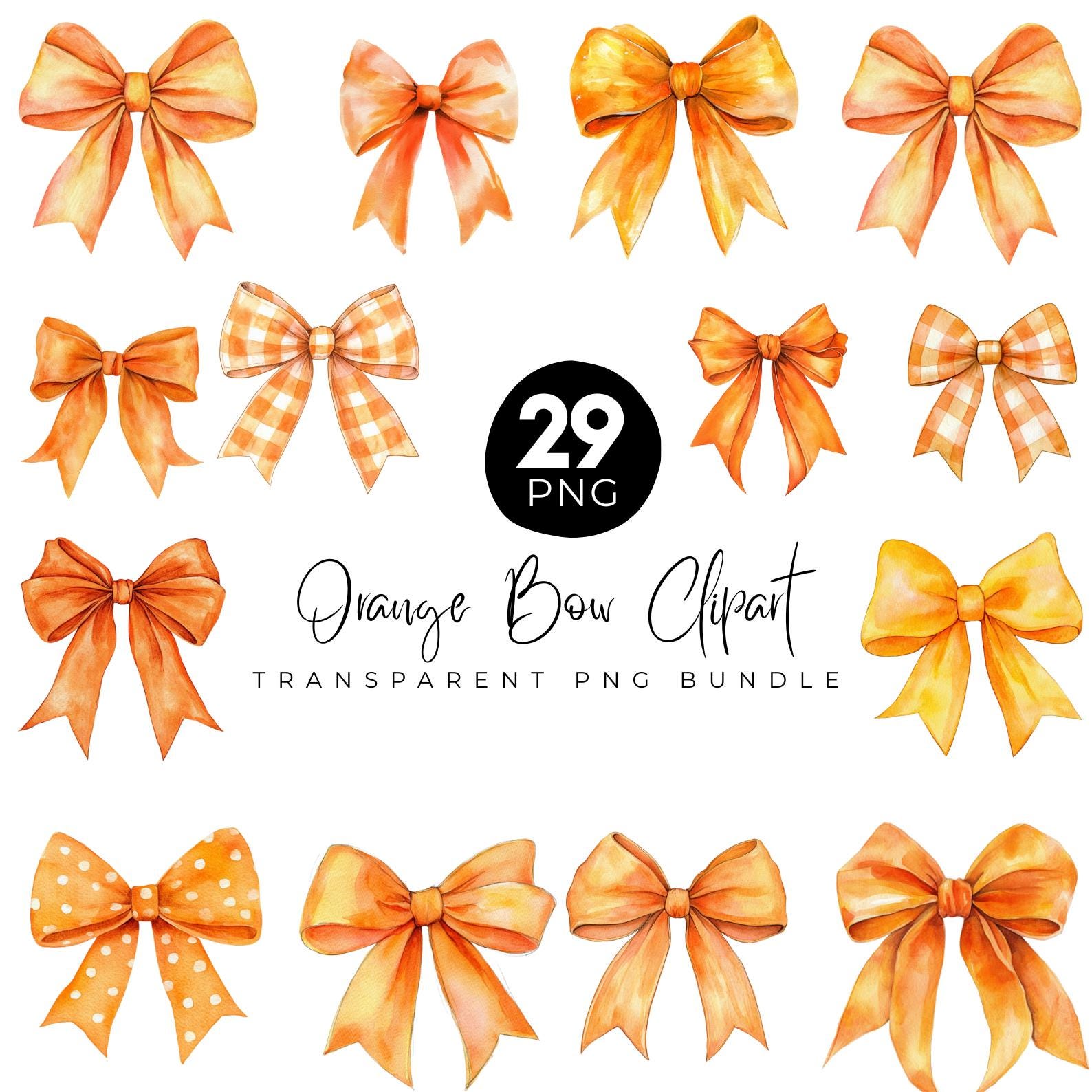 29 Watercolor Orange Bows Clipart PNG Bundle, Coquette Bow Clipart ...