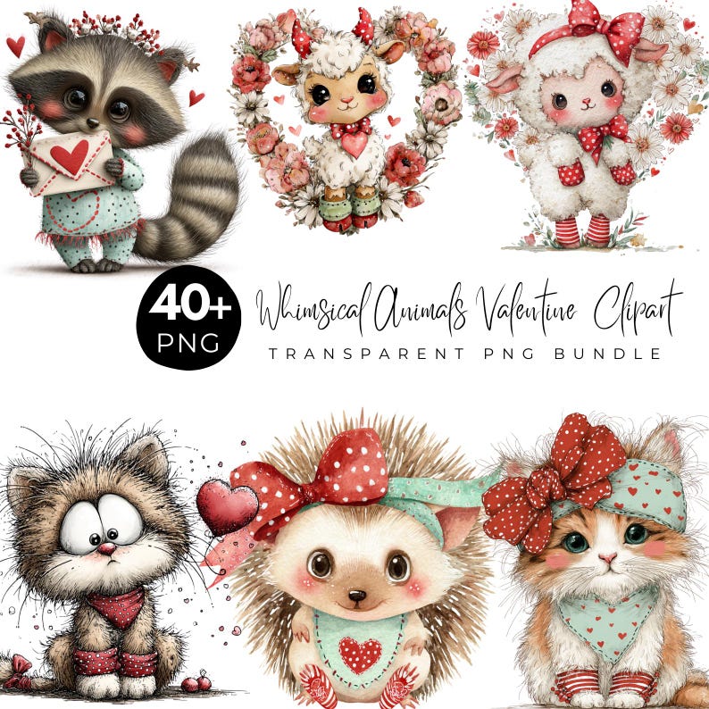 Valentine’s Day Clipart PNG Bundle, Whimsical Love Animals, Heart ...