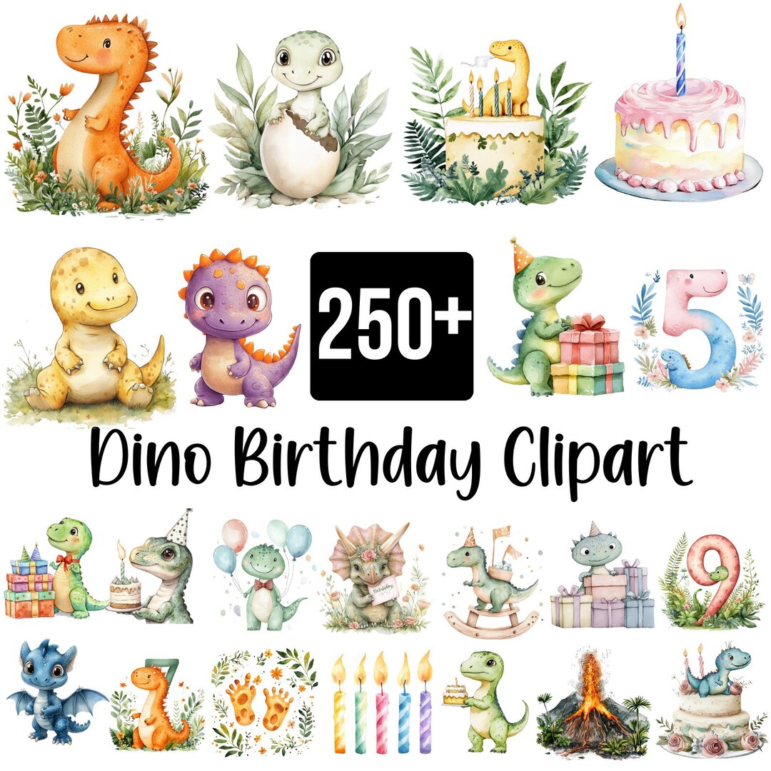 250+ Dino Birthday Clipart Bundle, Cute Dinosaur Party PNG, Watercolor ...