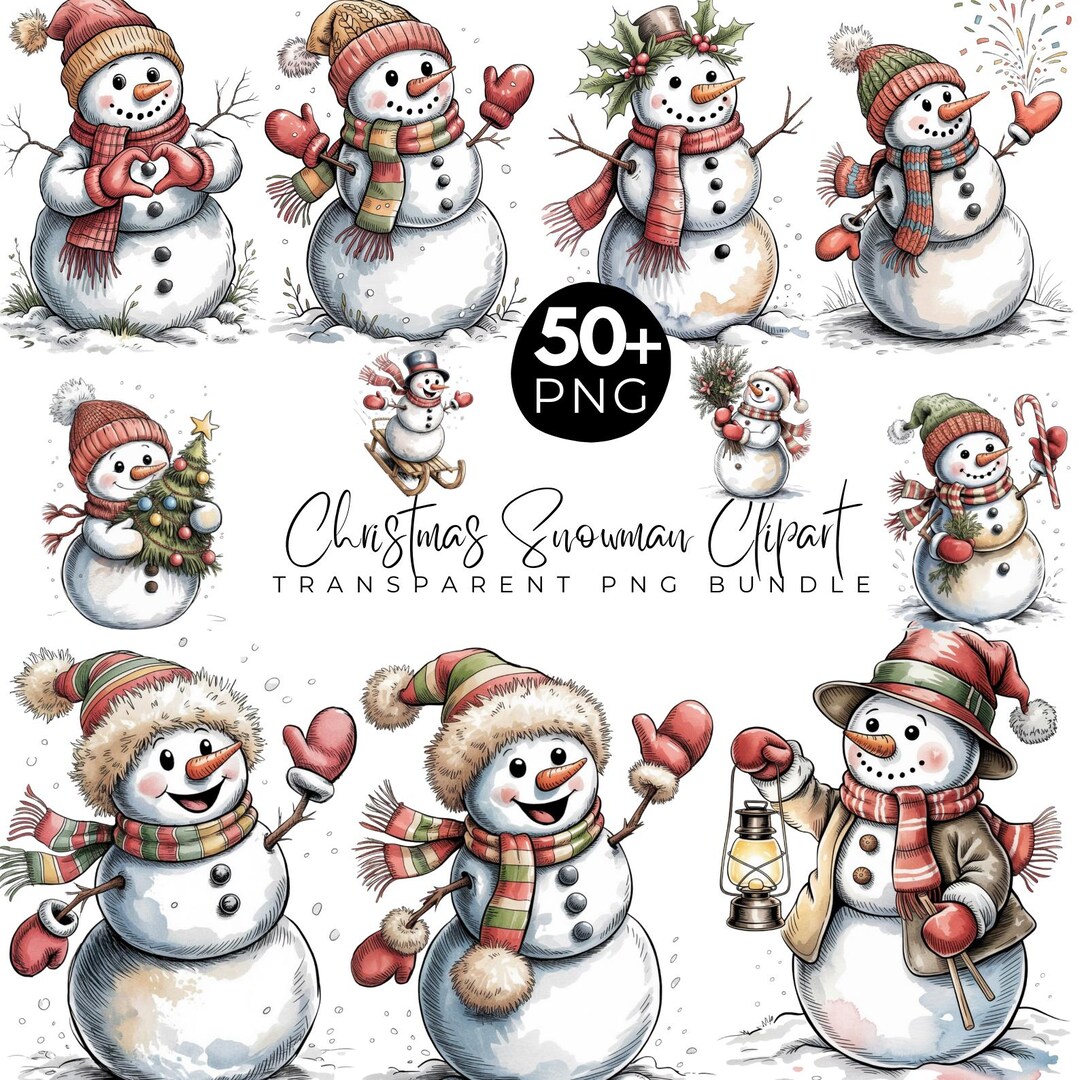 Snowman Christmas PNG Clipart Bundle, Cute & Whimsical Winter Snowman ...
