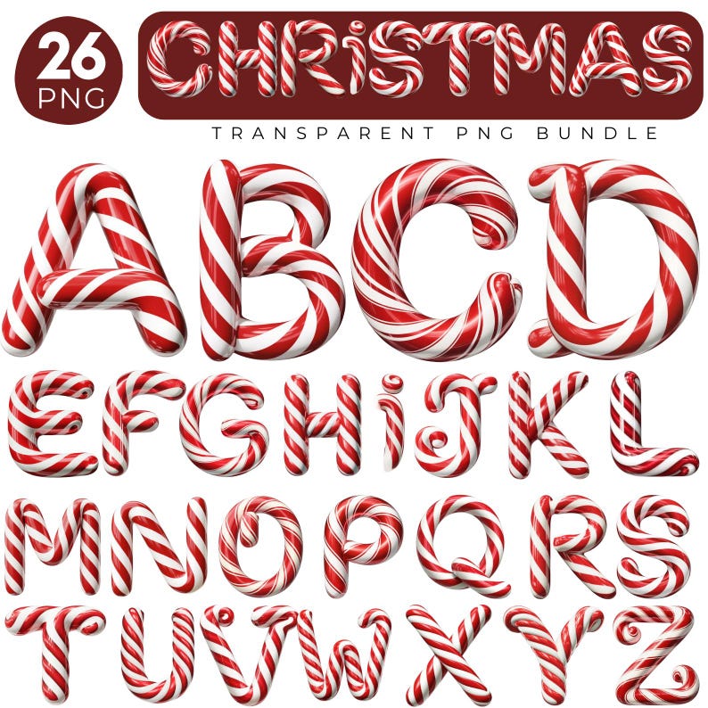 3D Candy Cane Christmas Alphabets PNG Bundle, Printable Letters ...