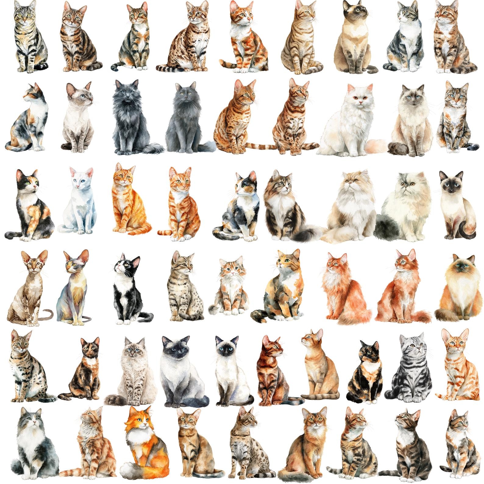 147 Watercolor Cats Clipart Bundle, Cute Cat PNG, Kitten Graphics, Cat ...