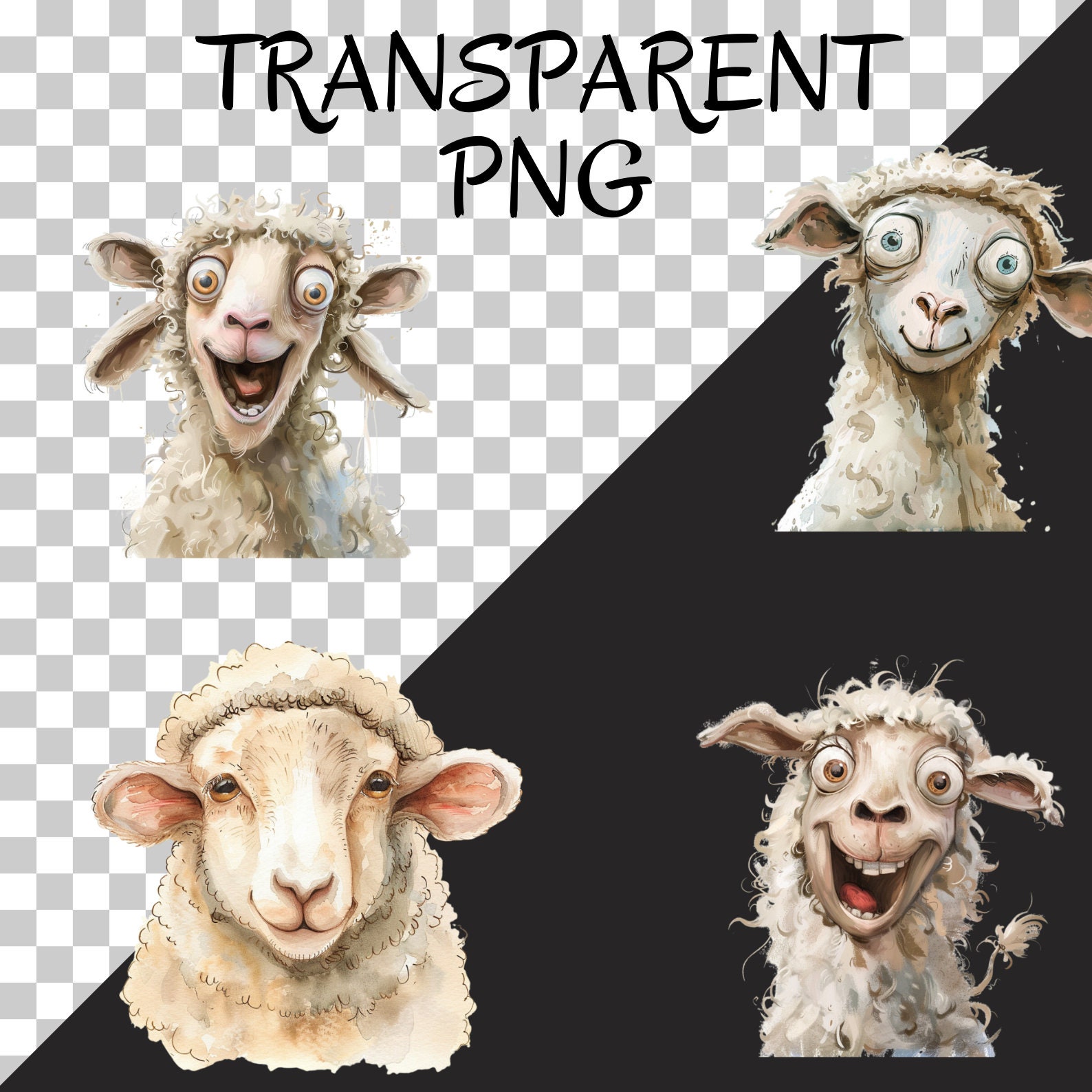 Cute and Funny Sheep Faces Clipart Bundle, Funny Farm Animal Clipart ...