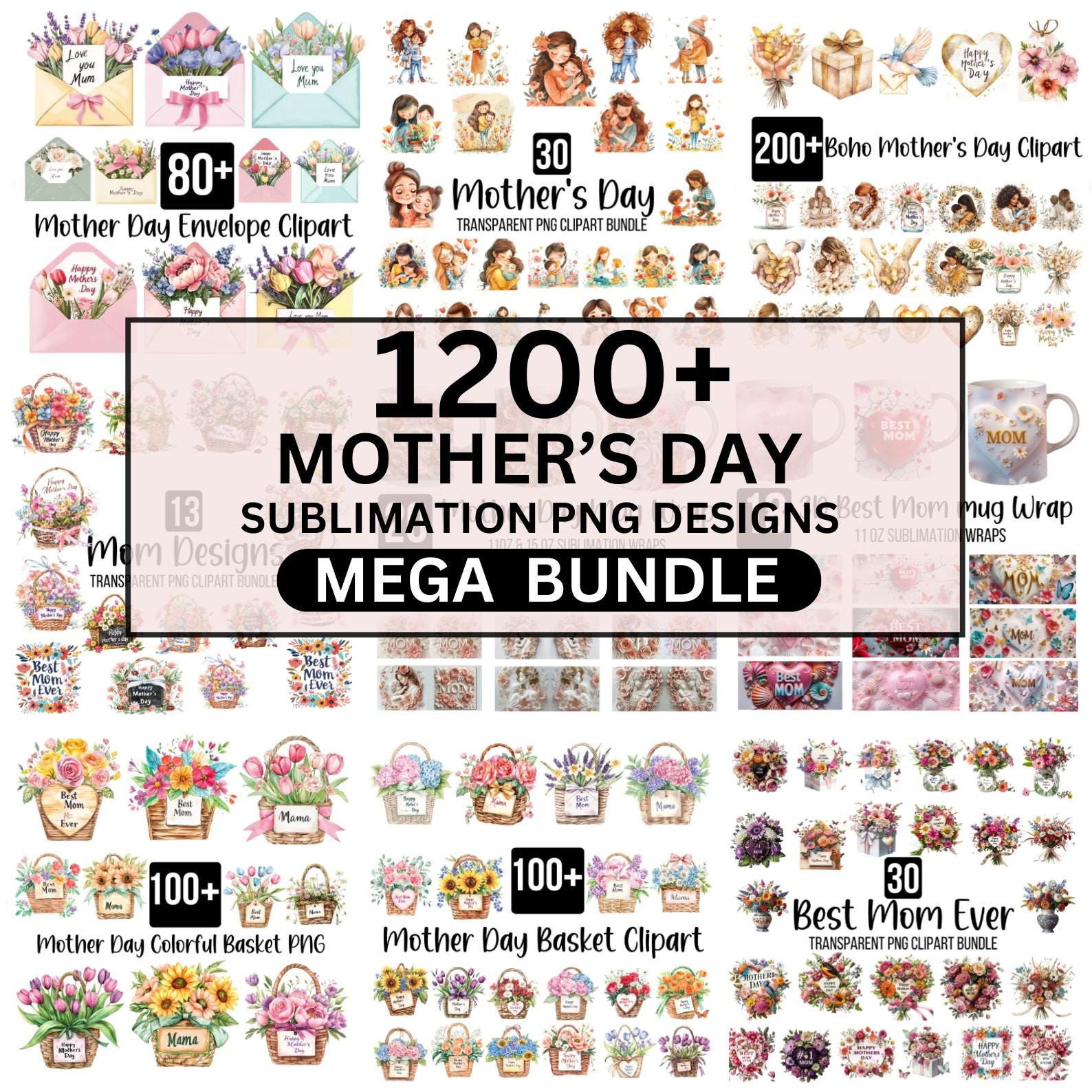 1200+ Mother’s Day PNG Mega Bundle, Mom Clipart Designs, Mothers Day ...