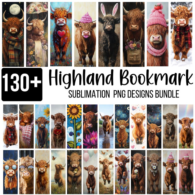 130+ Highland Bookmark PNG Bundle, Cow Bookmarks, Watercolor Highland ...