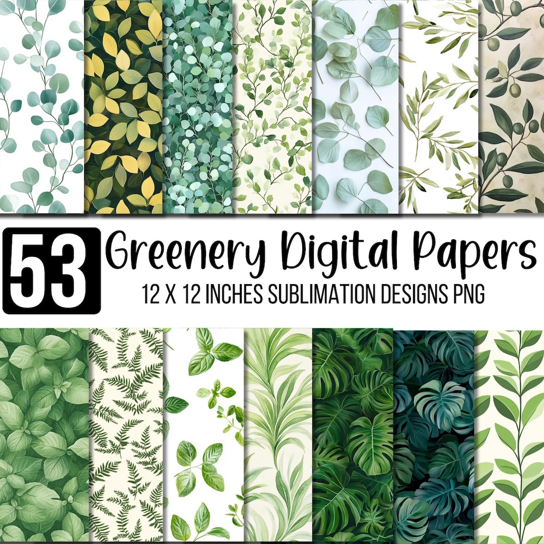 53 Greenery Digital Papers, Greenery Junk Journal PNG, Seamless Pattern ...