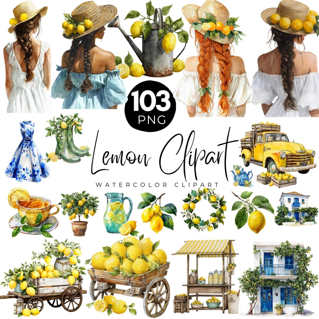 103 Lemon Watercolor Clipart, Lemon PNG Bundle, Watercolor Lemon Girls ...