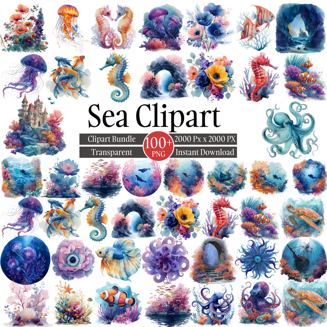 100+ Sea Clipart Bundle, Ocean Clip Art PNG, Watercolor Sea Animals ...