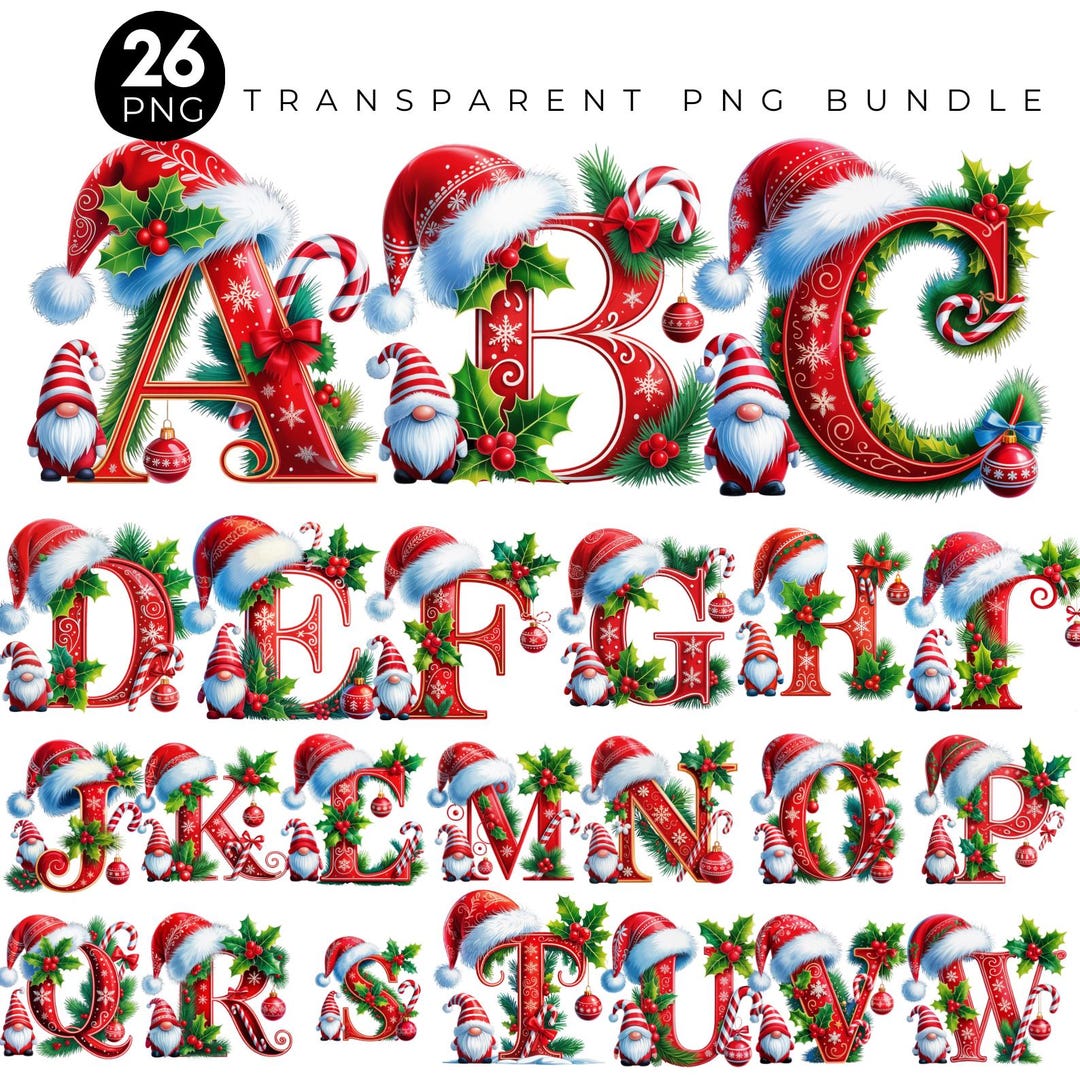 Christmas Alphabet With Gnomes PNG Bundle, Festive Christmas Letters ...
