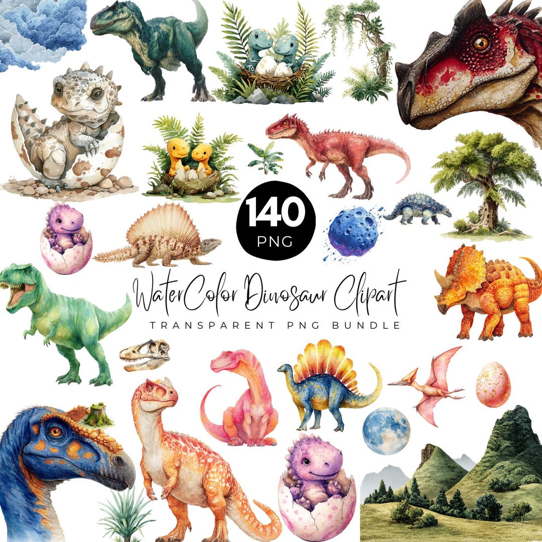 140 Watercolor Dinosaur Clipart, Cute Dinosaur Bundle, Nursery Decor ...