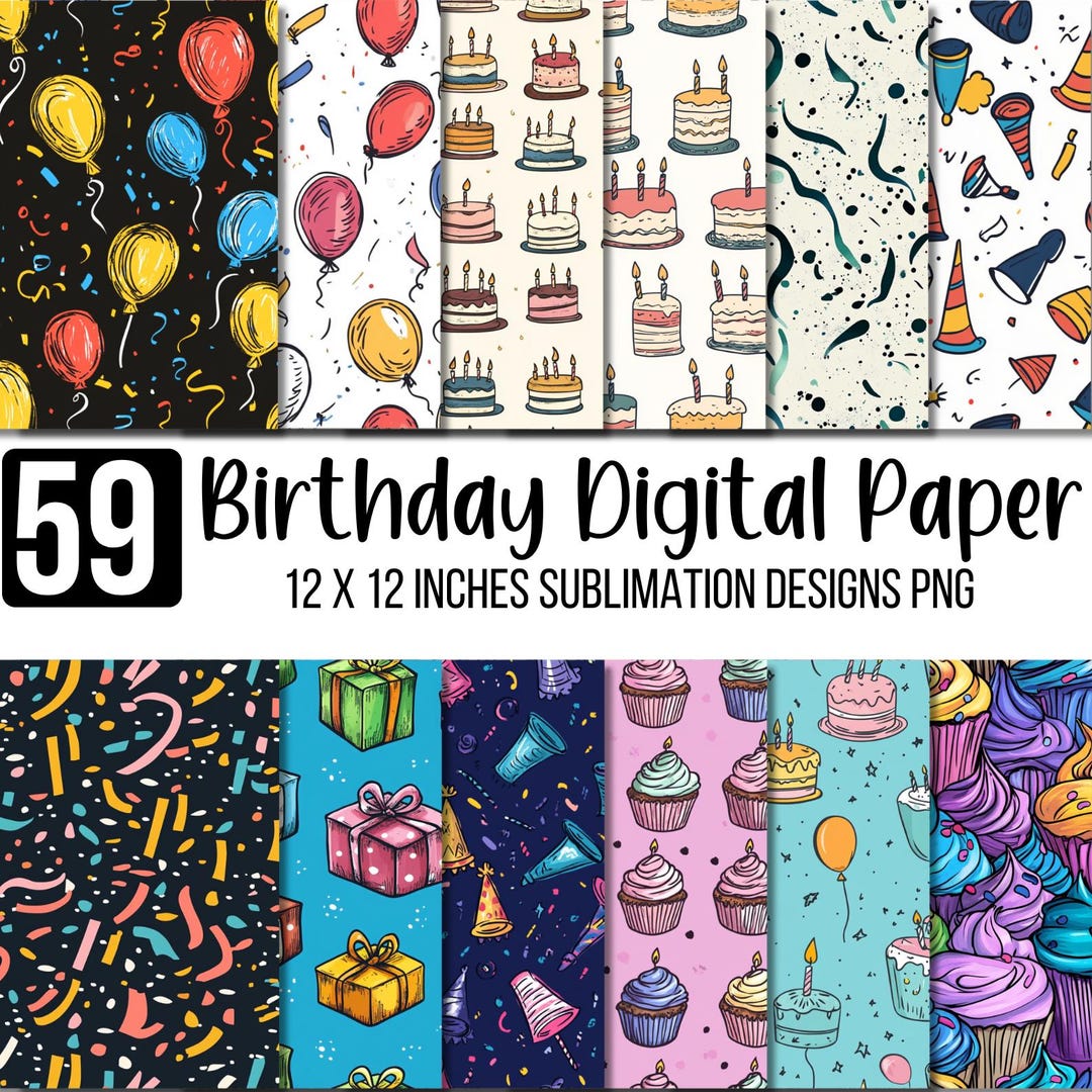 59 Birthday Digital Papers Bundle, Seamless Party Designs, Blue ...