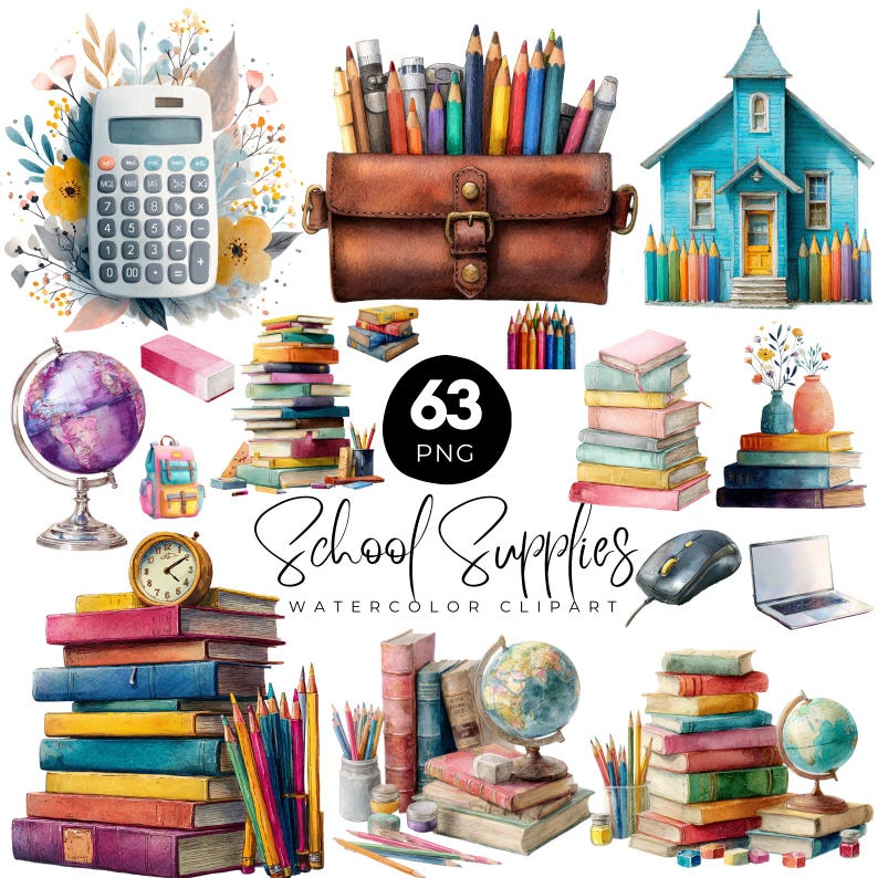 63 School Supplies Clipart, Back to School PNG Bundle , Notebook , Pen ...
