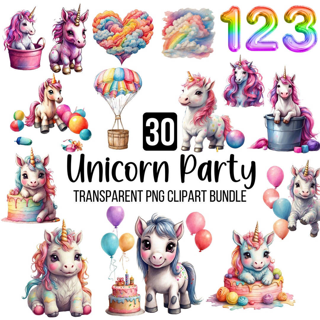 30 Cute Unicorn Party Clipart Bundle, Cute Unicorn Clipart, Rainbow ...