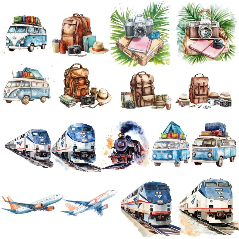 50+ Watercolor Travel Clipart Bundle, Transparent PNG Travel Elements ...