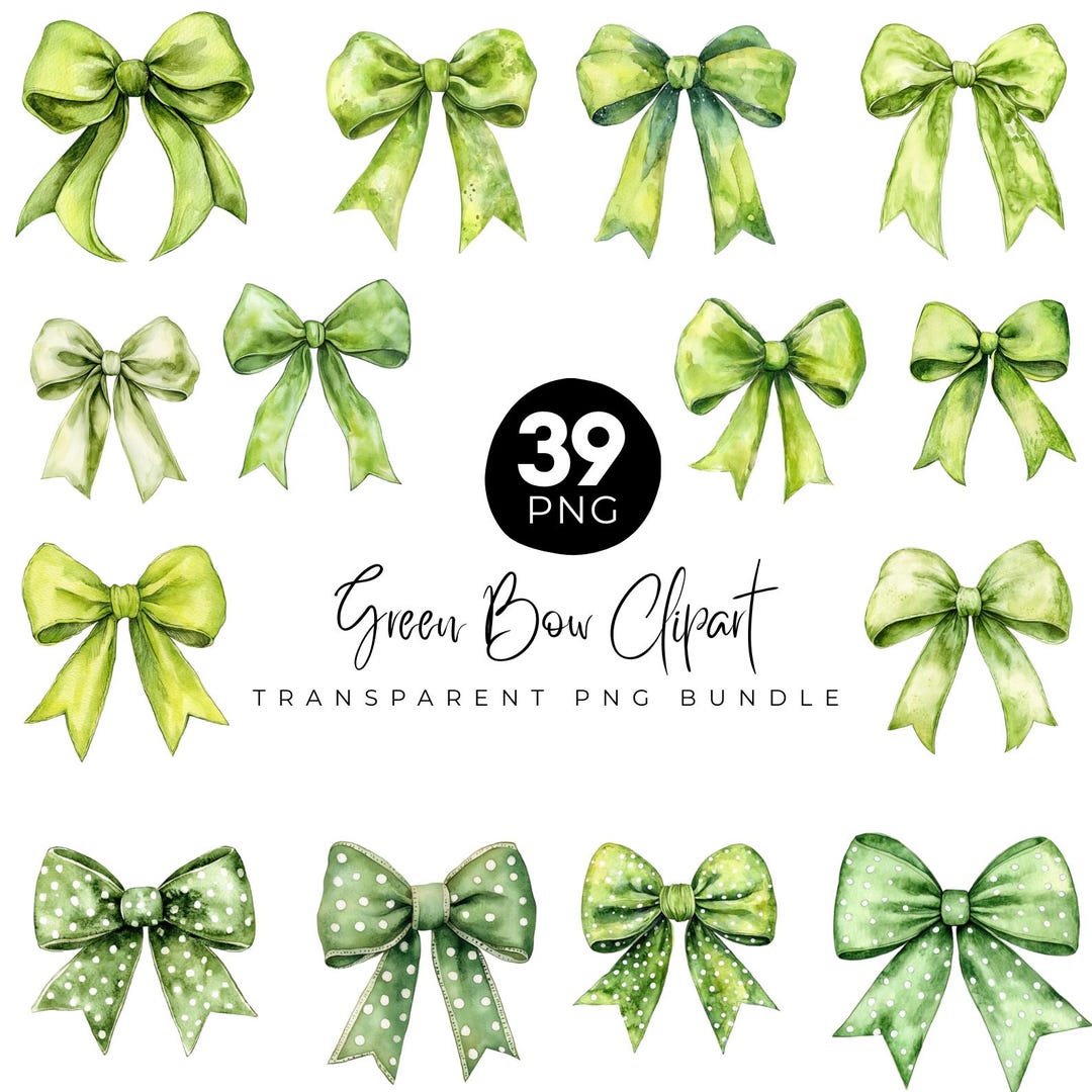 39 Watercolor Green Bows Clipart PNG Bundle, Coquette Bow Clipart, Cute ...