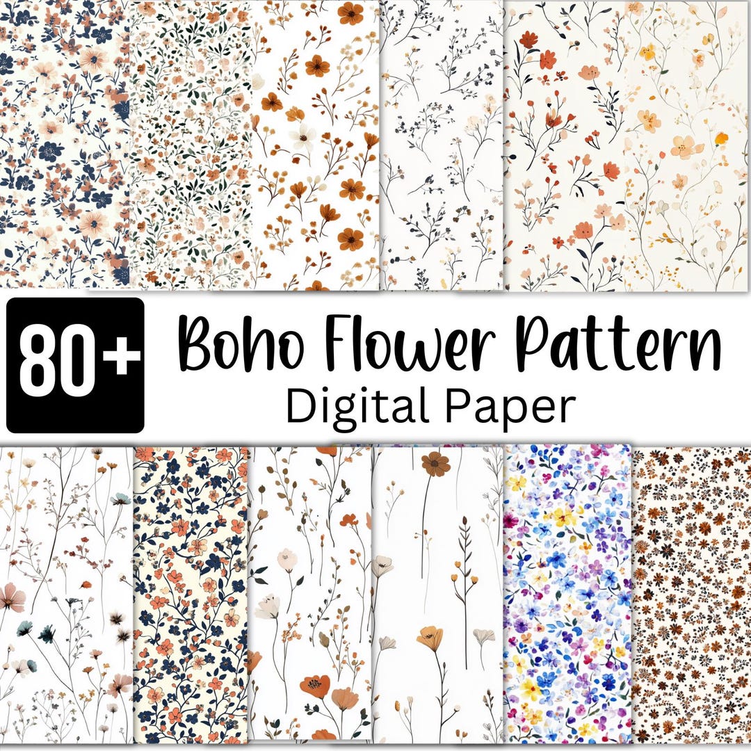 80+ Boho Flower Pattern Digital Paper, Printable Summer Floral Scrapbook Paper, Watercolor ...