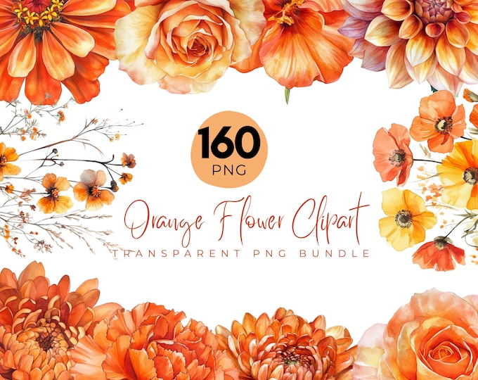 Orange Flower Border Clipart, Watercolor Orange Floral PNG Bundle ...