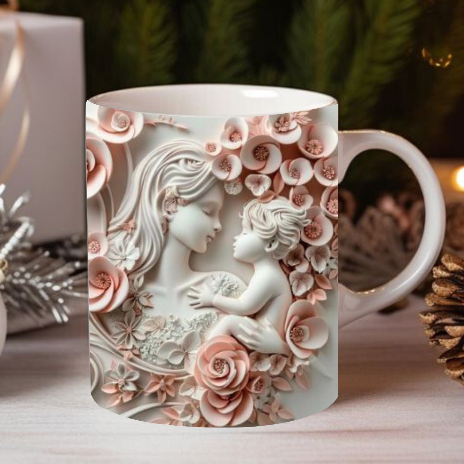 3D Embossed Effect Mother and Child Mug Wrap, Mother's Day Mug ...