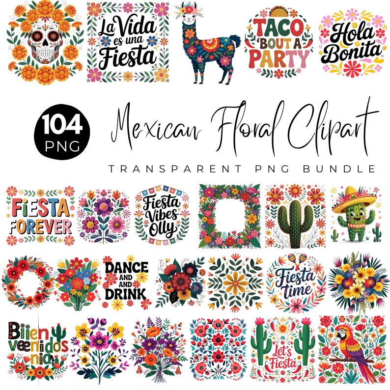 Mexican Floral Clipart Bundle, Fiesta Flowers PNG, Sugar Skull Clipart ...