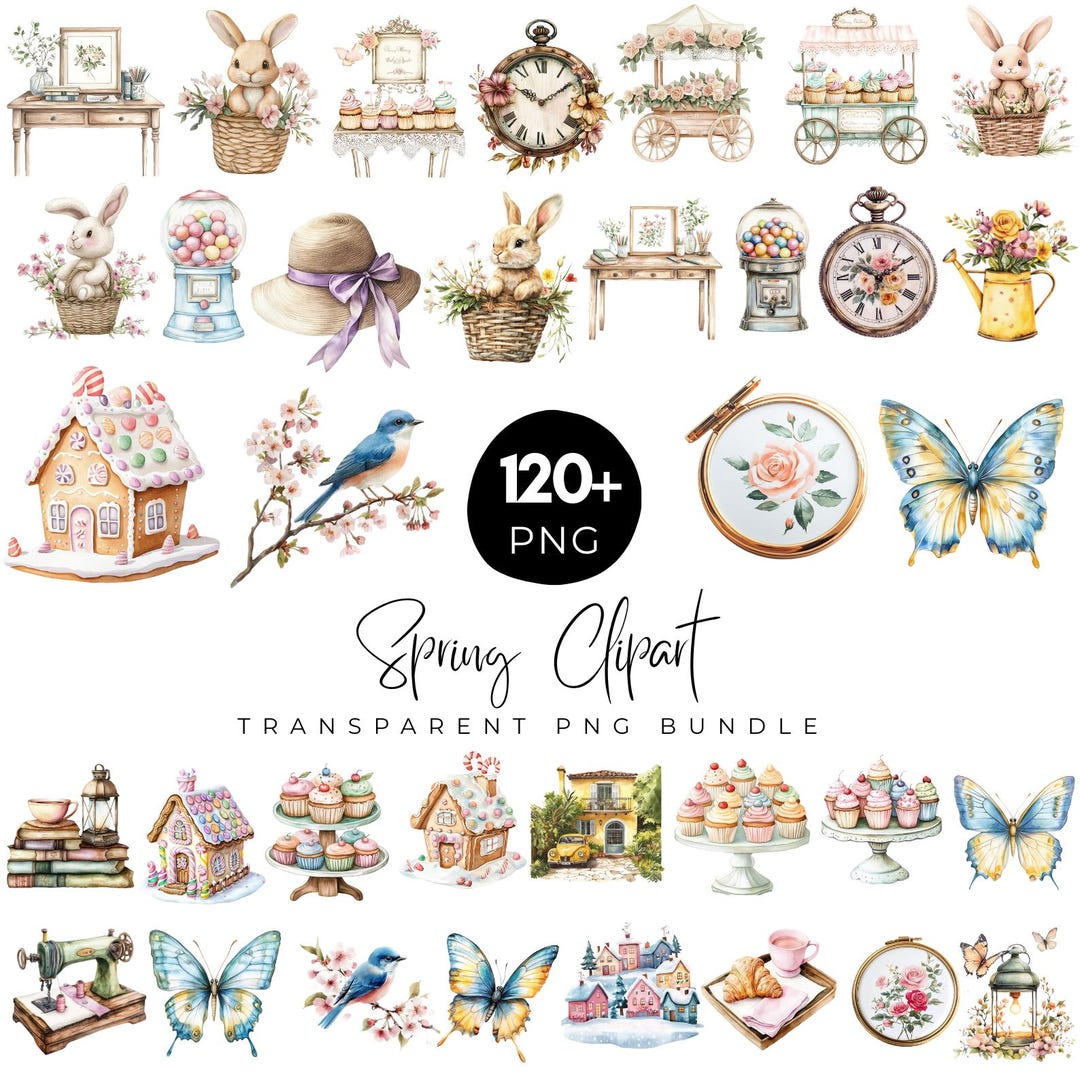 120+ Spring Clipart Bundle, Vintage Floral Elements, Bluebird ...