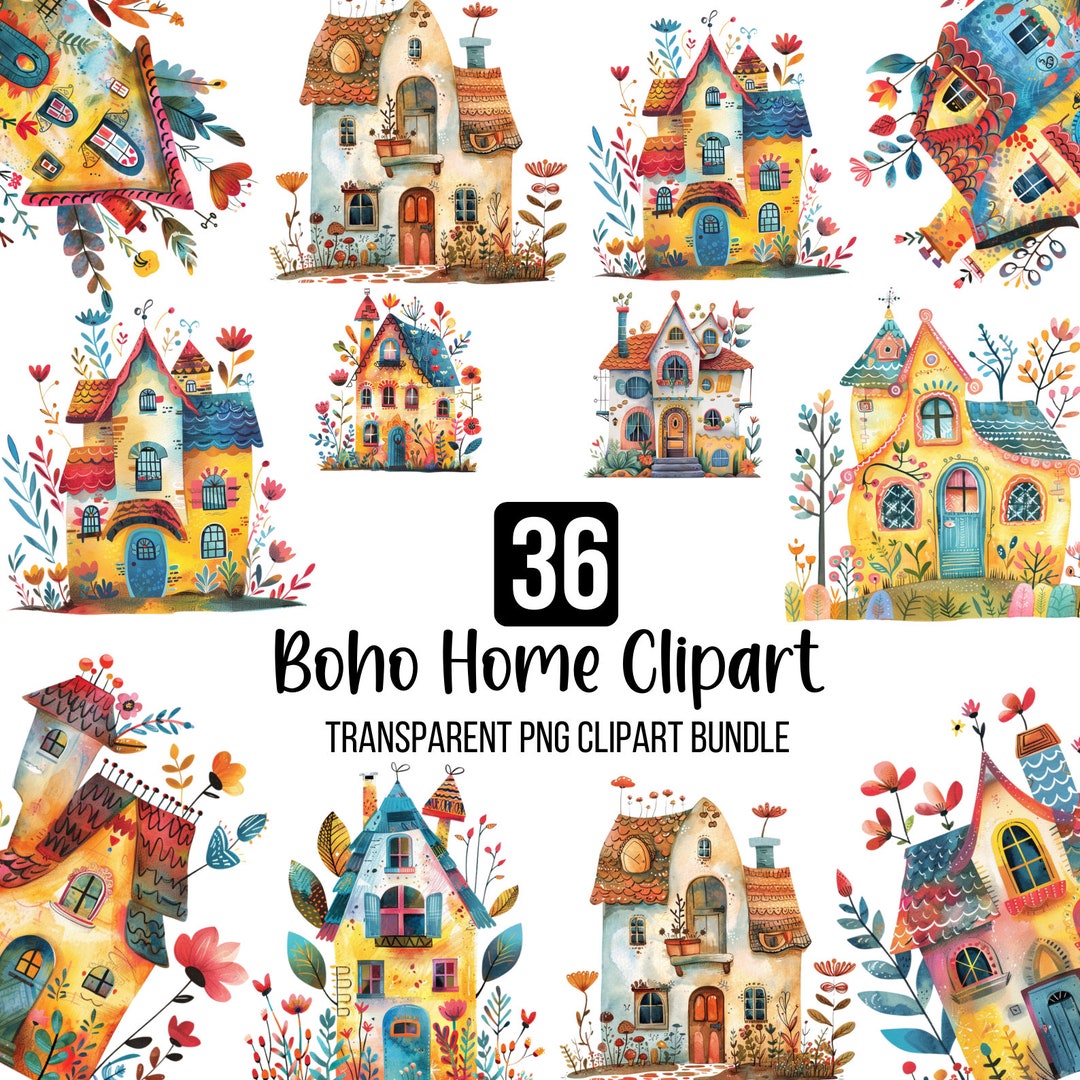 36 BOHO Home Clipart Png Bundle, Whimsical Junk Journal Boho House ...